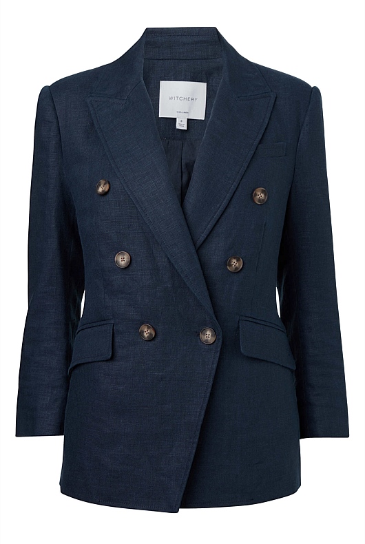 Regatta Blue Linen Double-Breasted Crop Sleeve Blazer - Women's Blazers ...