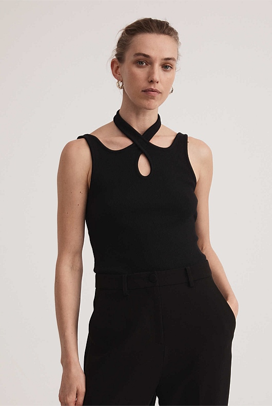 Black Cotton Rib Strap Tank - Women's Evening Tops | Witchery