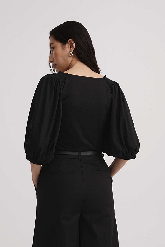 Black Cotton Shirred Shoulder Top Womens Short Sleeve Tops Witchery