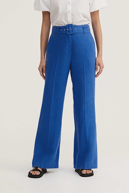 Bold Blue Linen Belted Trouser - Women's High Waisted Pants | Witchery