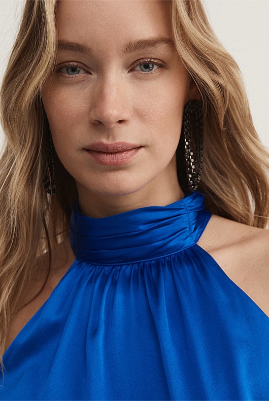 Bold Blue Silk Pleat Neck Halter - Women's Evening Shirts | Witchery