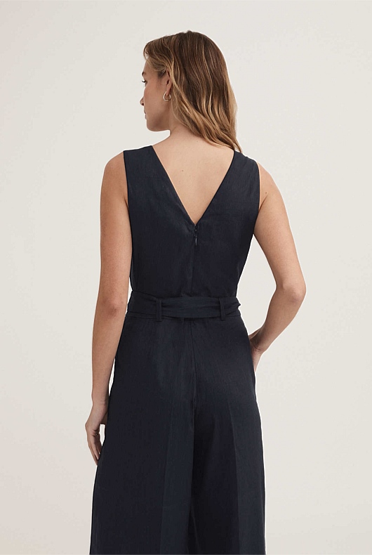 Blue Night Stretch Linen Blend Jumpsuit - Women's Natural Fibres | Witchery