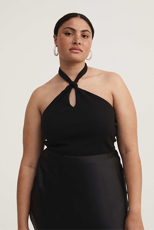 Black Cotton Rib Keyhole Halter - Women's Evening Tops | Witchery