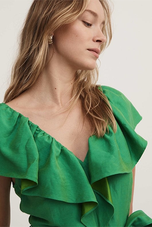 True Green Ruffle Front Midi Dress - Women's A Line Dresses | Witchery