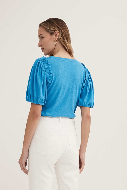 Cyan Linen Cotton Ruffle Detail Top - Women's Puff Sleeve Tops | Witchery