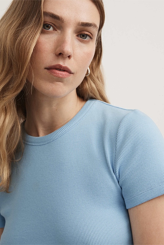 Chambray Cotton Rib Short Sleeve Tee - Women's Short Sleeve Tops | Witchery