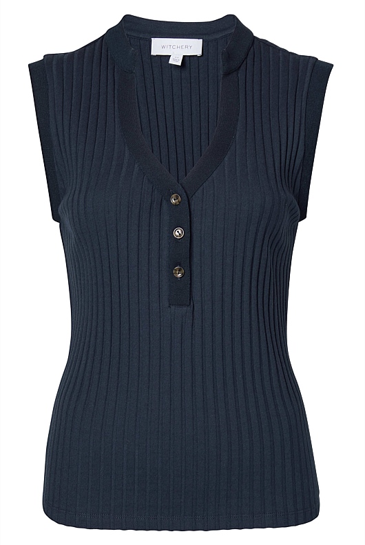 Regatta Blue Cotton V Neck Henley Tank - Women's Sleeveless Tops | Witchery