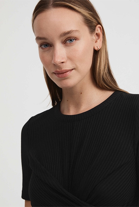 Black Rib Cross Front Top - Women's Short Sleeve Tops | Witchery