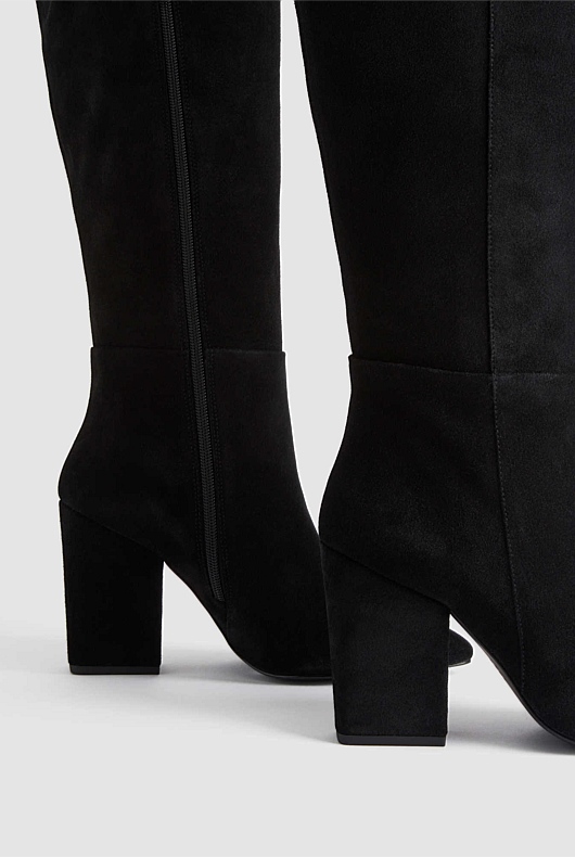 Black Suede Knee High 90mm Heeled Boot - Women's Workwear Shoes | Witchery