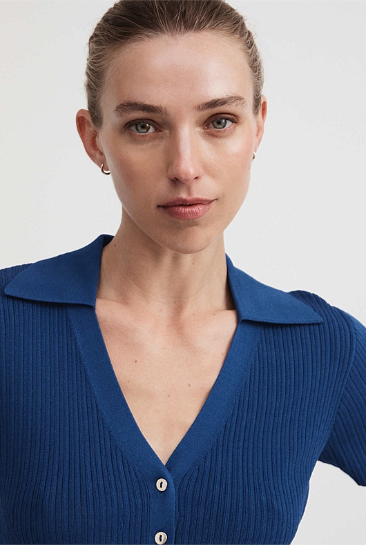 Eclipse Blue Rib Polo Short Sleeve Knit - Women's Short Sleeve Tops ...