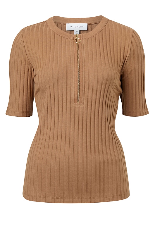 Camel Cotton Rib Zip Front Top - Women's Tops | Witchery