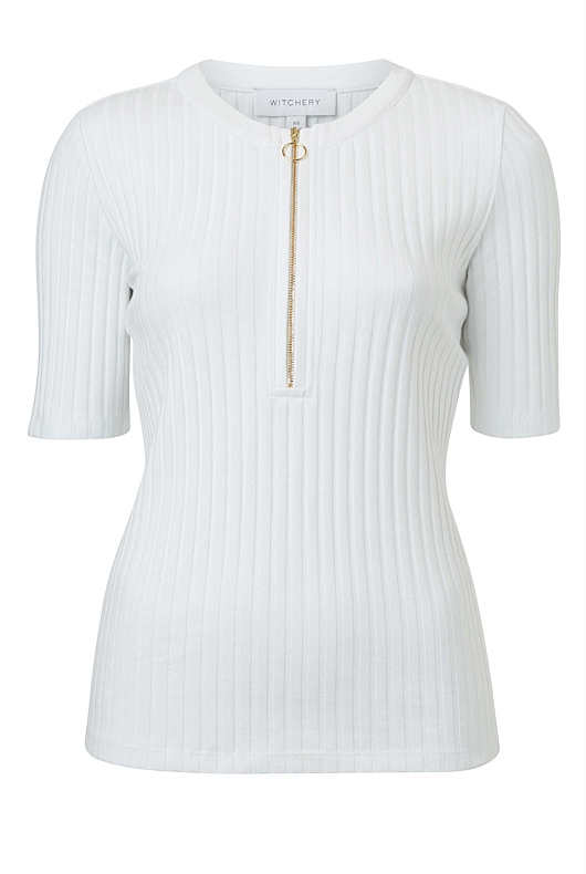 Pure White Cotton Rib Zip Front Top - Women's Short Sleeve Tops | Witchery