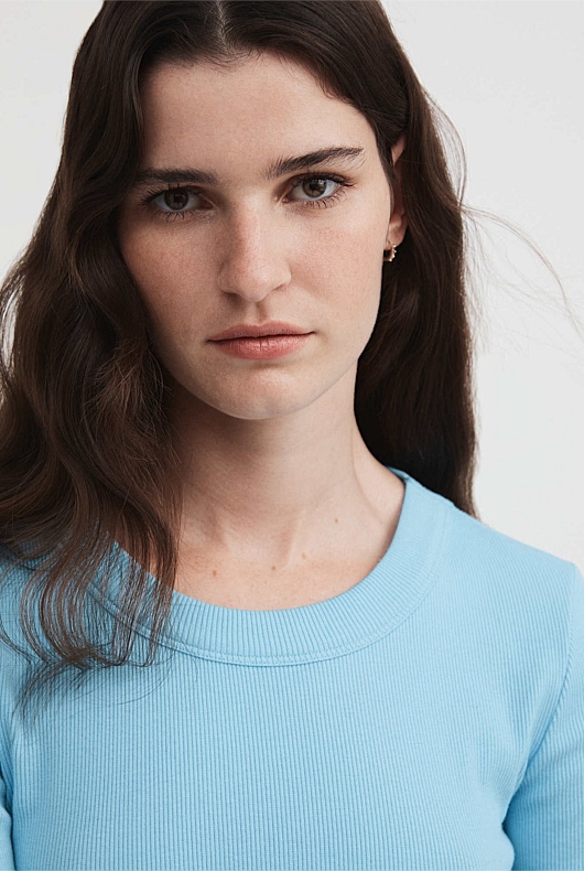 Fresh Blue Long Sleeve Rib Top - Women's Long Sleeve Tops | Witchery