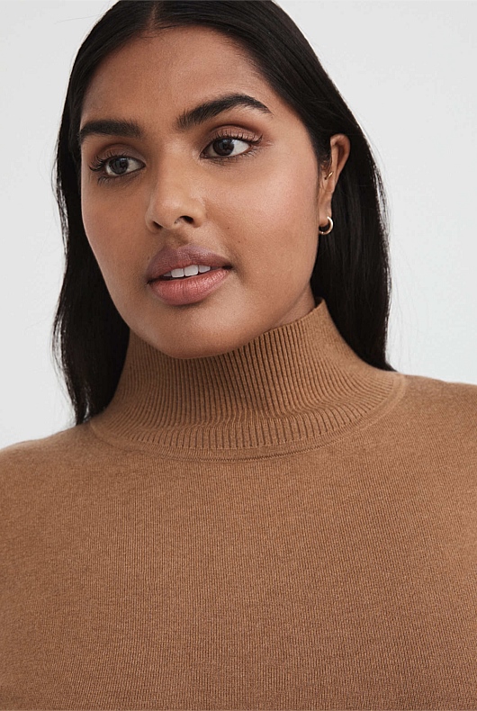Camel Wool Blend High Neck Knit - Women's High Neck Tops | Witchery