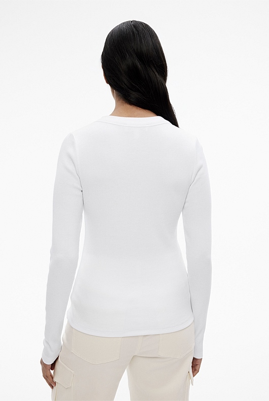 Pure White Long Sleeve Rib Top - Women's Tops & T Shirts | Witchery