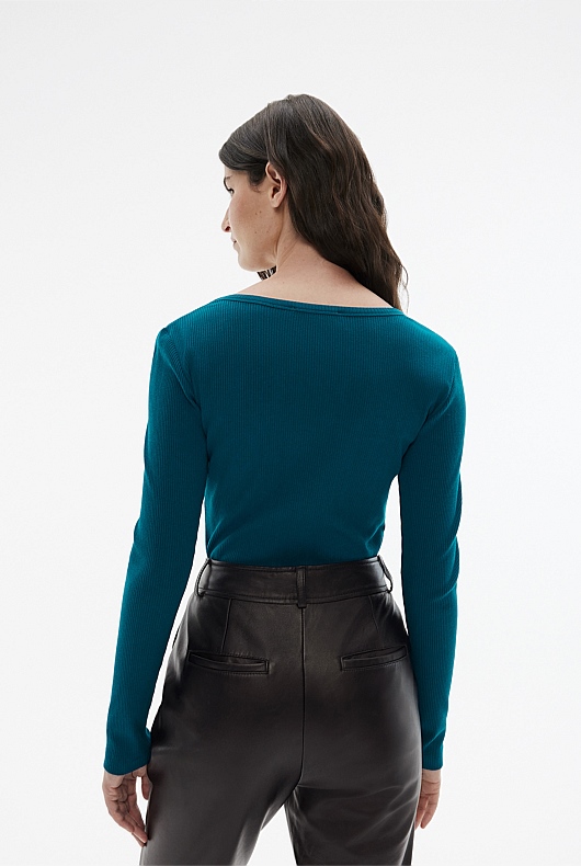 Opal Blue Cotton Blend Rib Scoop Long Sleeve Top Womens Long Sleeve
