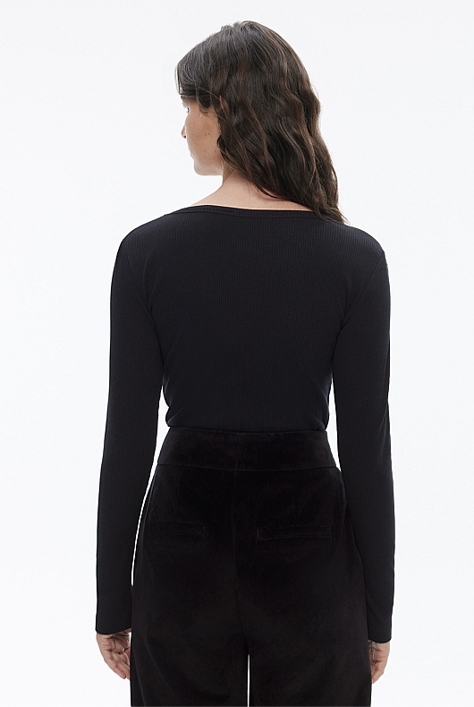 Black Cotton Blend Rib Scoop Long Sleeve Top Womens Long Sleeve Tops