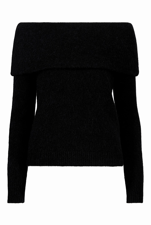 Black Alpaca Blend Off Shoulder Knit - Women's Evening Tops | Witchery
