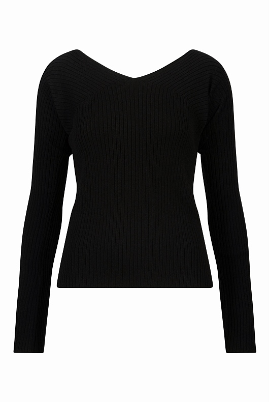 Black Rib Wide V Neck Knit - Women's Evening Tops | Witchery