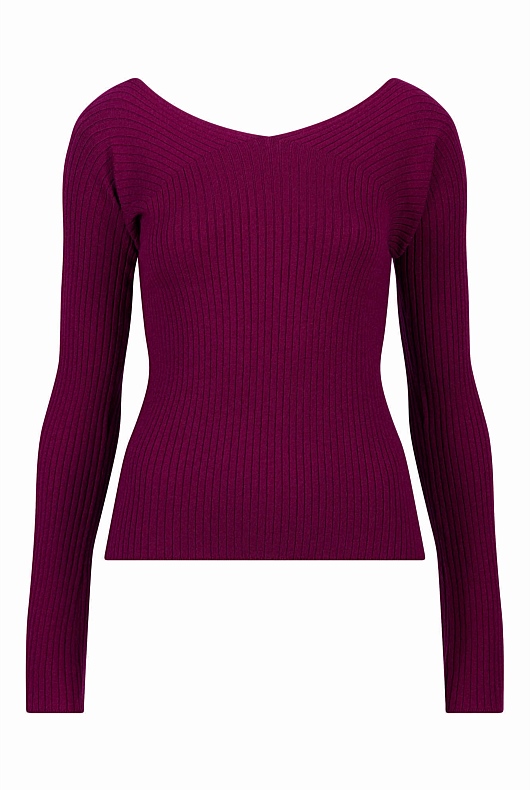 Deep Magenta Rib Wide V Neck Knit - Women's Evening Tops | Witchery