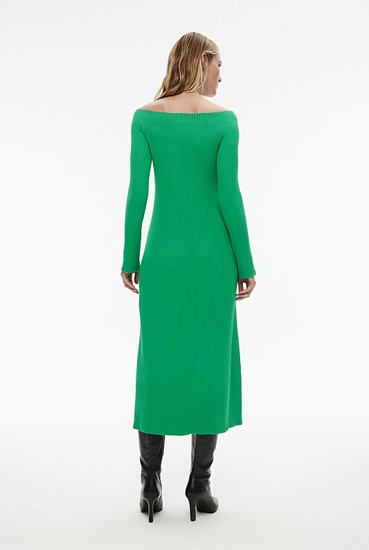 Leaf Green Off Shoulder Knit Dress - Women's Green Dresses | Witchery