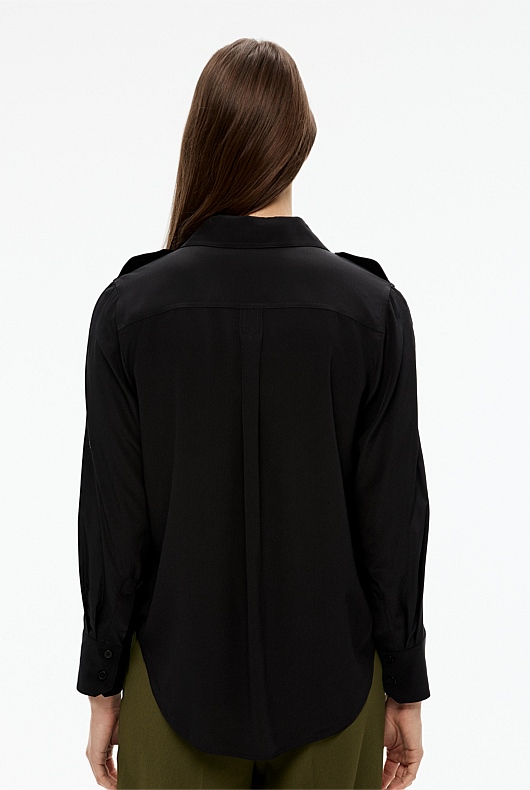 Black Silk Utility Tab Sleeve Shirt - Women's Long Sleeve Shirts | Witchery
