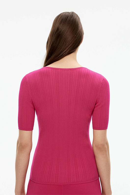 Dahlia Pink Variegated Rib Knit - Women's Short Sleeve Tops | Witchery