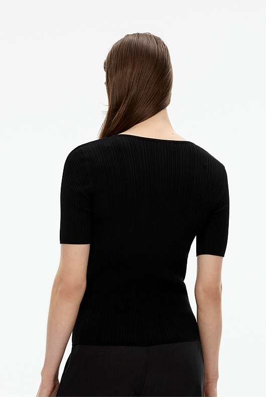 Black Variegated Rib Knit - Women's Short Sleeve Tops | Witchery