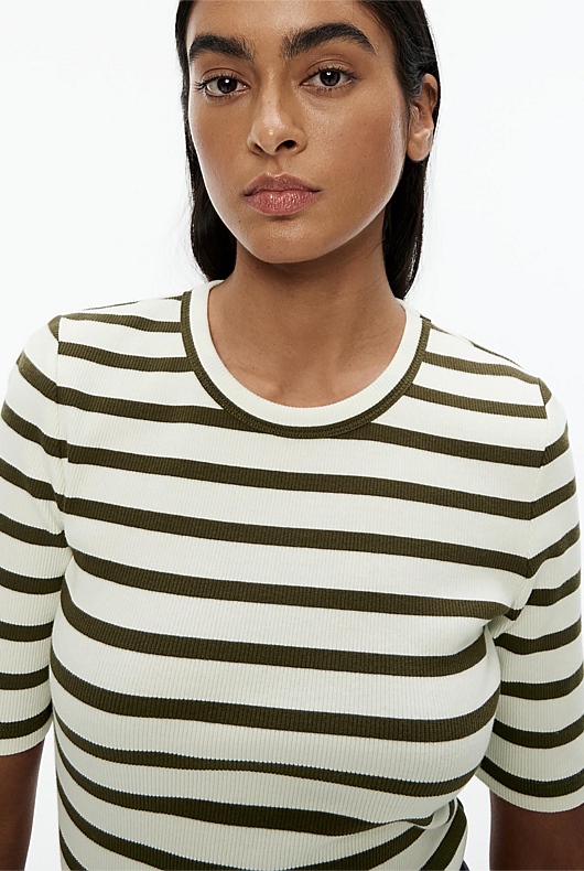 Vine Green Stripe Crew Rib Tee - Women's Tops & T Shirts | Witchery