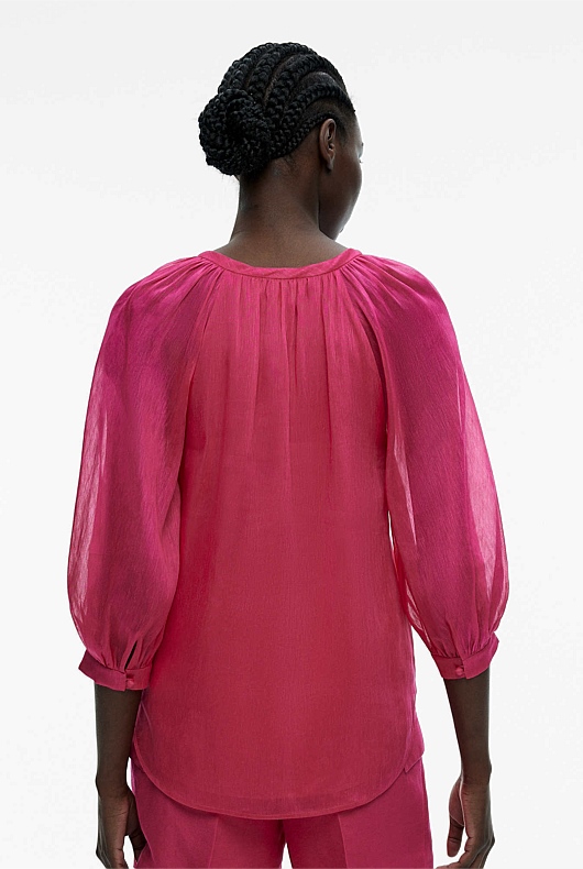 Dahlia Pink Silk Linen Raglan Sleeve Blouse - Women's Evening Shirts ...