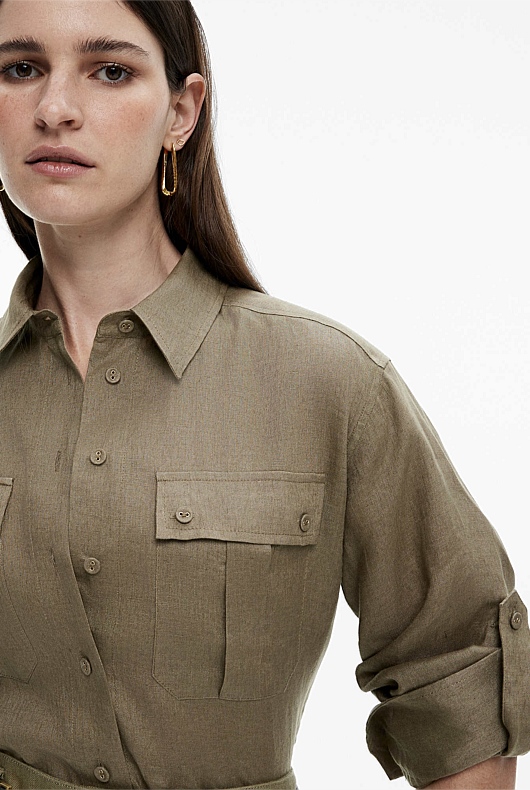 Washed Green French Linen Pocket Detail Shirt - Women's Linen Shirts ...