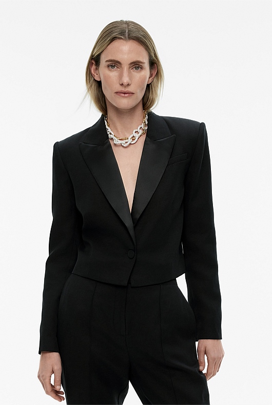 Black Linen Blend Cropped Tuxedo Blazer - Women's Blazers | Witchery