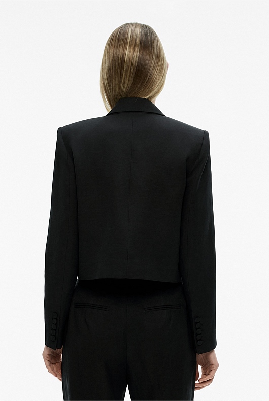 Black Linen Blend Cropped Tuxedo Blazer - Women's Blazers | Witchery