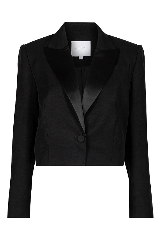 Black Linen Blend Cropped Tuxedo Blazer - Women's Blazers | Witchery