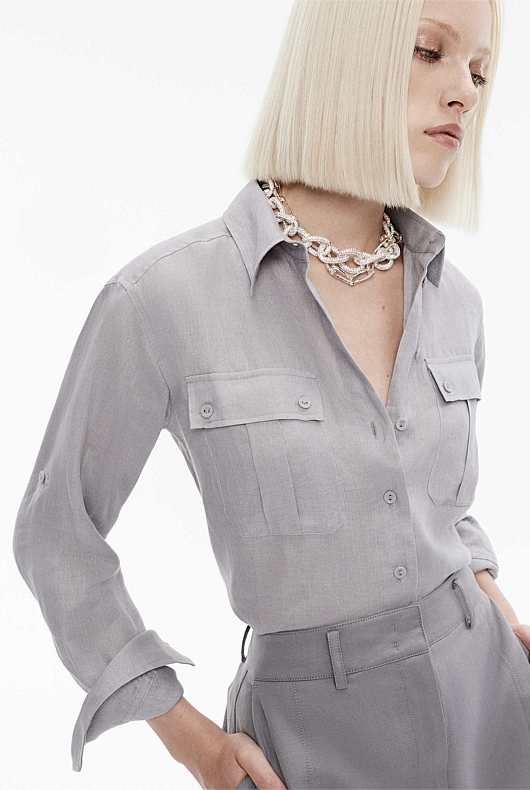 Pale Stone French Linen Pocket Detail Shirt - Women's Linen Shirts ...