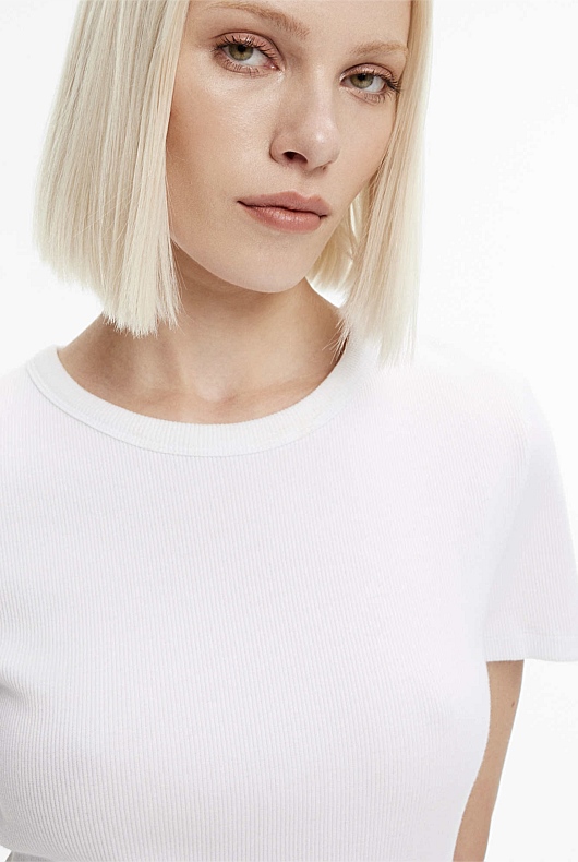Pure White Cotton Rib Short Sleeve Tee - Women's Short Sleeve Tops ...