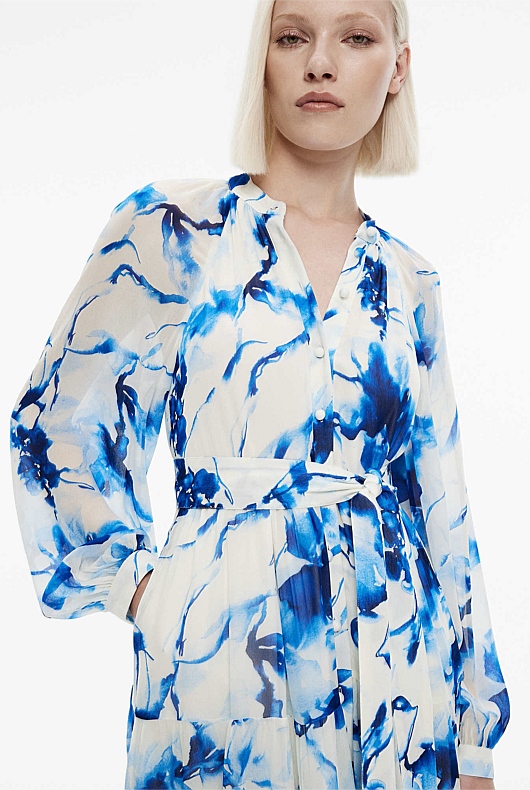 Blue Watercolour Marble Ink Gathered Dress - Women's A Line Dresses ...