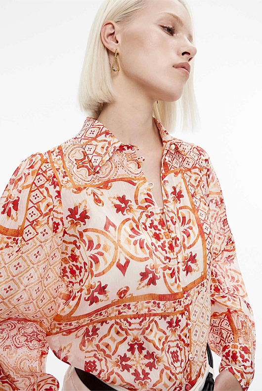 Light Red Silk Linen Tile Print Blouse - Women's Linen Shirts | Witchery
