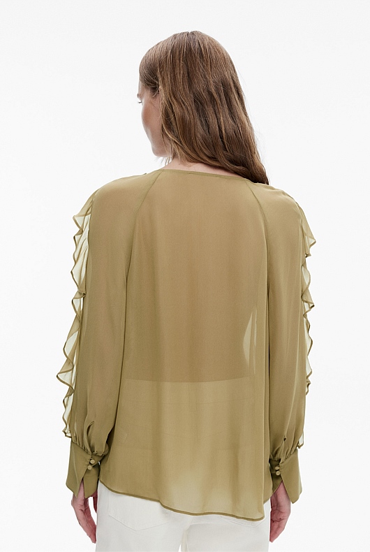 Army Green Ruffle Sleeve Blouse - Women's Long Sleeve Shirts | Witchery
