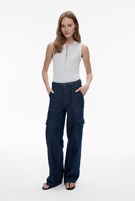 Light Grey Marle Cotton Rib Zip Tank - Women's Sleeveless Tops | Witchery