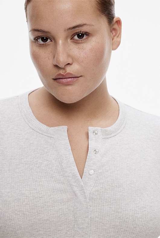 Light Grey Marle Cotton Blend Henley Top - Women's Long Sleeve Tops ...