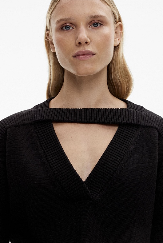 Black Wool V Cut Out Knit - Women's V Neck Jumpers | Witchery