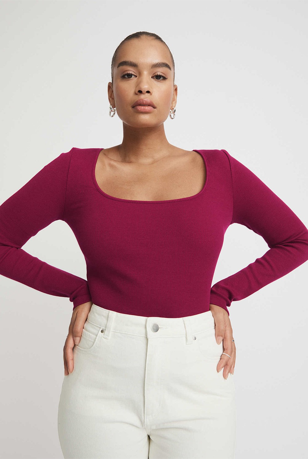 Rhubarb Cotton Rib Wide Neck Top - Women's Tops & T Shirts | Witchery