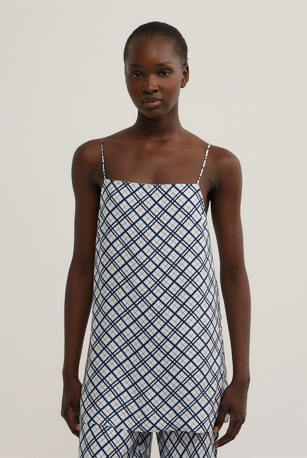 Blue Check Satin Tunic Top - Women's Camisoles | Witchery