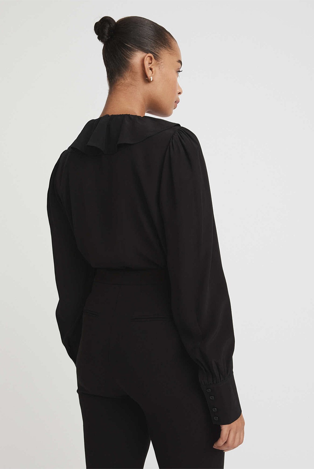 Black Viscose Ruffle Front Blouse - Women's Long Sleeve Shirts | Witchery