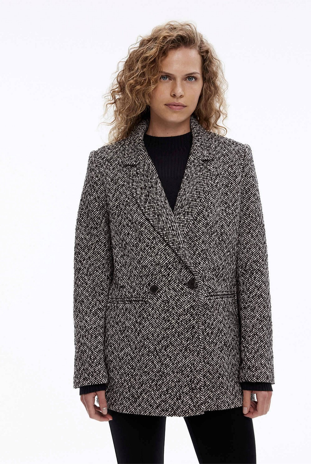 Onyx Wool Blend Herringbone Double-Breasted Blazer - Women's Jackets ...