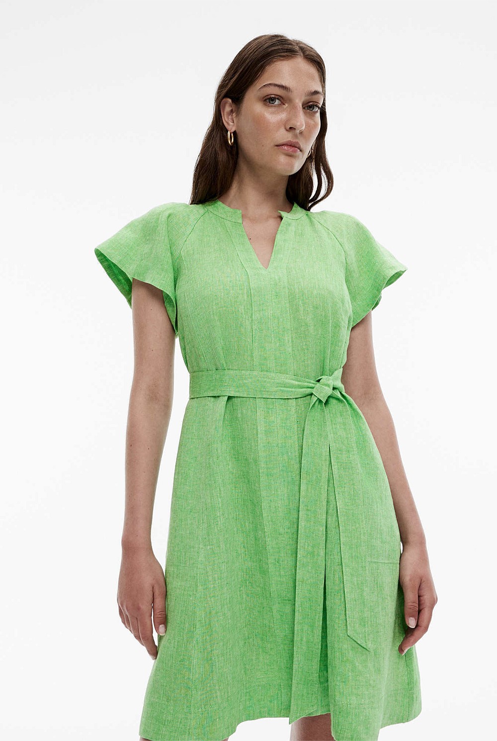 Lime Green Yarn Dye French Linen Raglan Sleeve Dress - Women's A Line ...