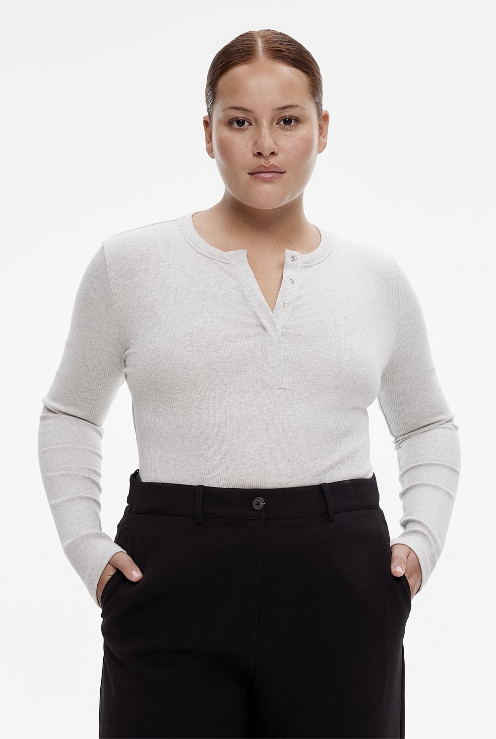 Light Grey Marle Cotton Blend Henley Top - Women's Long Sleeve Tops ...