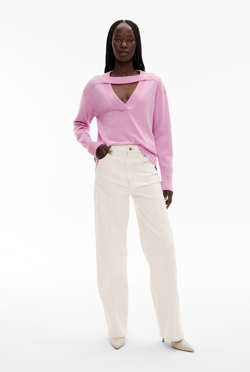 Orchid Pink Wool V Cut Out Knit - Women's V Neck Jumpers | Witchery